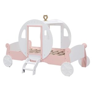 Twin Size Princess Bed with Carriage Shaped Appearance, Wood Girls Bed with Headboard and Footboard, Little Girl Platform Bed, No Box Spring Needed, Pink+White