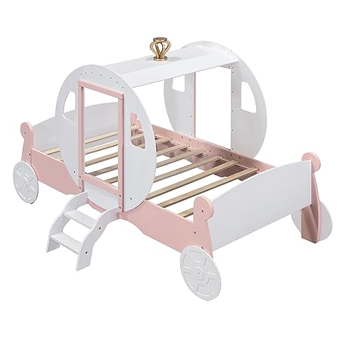 Twin Size Princess Bed with Carriage Shaped Appearance, Wood Girls Bed with Headboard and Footboard, Little Girl Platform Bed, No Box Spring Needed, Pink+White