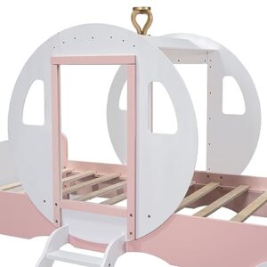 Twin Size Princess Bed with Carriage Shaped Appearance, Wood Girls Bed with Headboard and Footboard, Little Girl Platform Bed, No Box Spring Needed, Pink+White