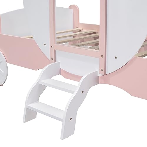 Twin Size Princess Bed with Carriage Shaped Appearance, Wood Girls Bed with Headboard and Footboard, Little Girl Platform Bed, No Box Spring Needed, Pink+White