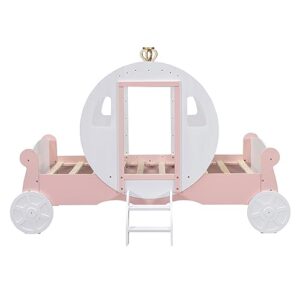 Twin Size Princess Bed with Carriage Shaped Appearance, Wood Girls Bed with Headboard and Footboard, Little Girl Platform Bed, No Box Spring Needed, Pink+White