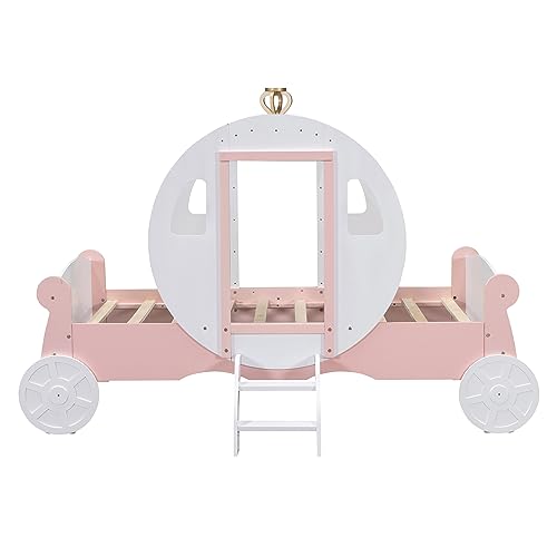 Twin Size Princess Bed with Carriage Shaped Appearance, Wood Girls Bed with Headboard and Footboard, Little Girl Platform Bed, No Box Spring Needed, Pink+White