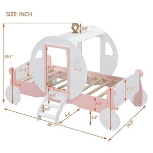 Twin Size Princess Bed with Carriage Shaped Appearance, Wood Girls Bed with Headboard and Footboard, Little Girl Platform Bed, No Box Spring Needed, Pink+White