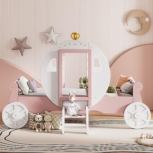 Twin Size Princess Bed with Carriage Shaped Appearance, Wood Girls Bed with Headboard and Footboard, Little Girl Platform Bed, No Box Spring Needed, Pink+White