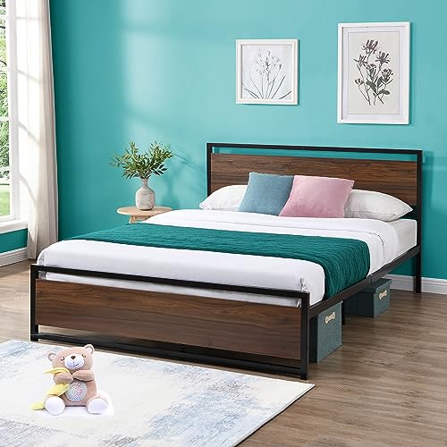 STELSIPLIY Metal Bed Frame Queen Size,Industrial Platform Bed Frame with Headboard and Footboard,Steel Slat Support,Mattress Foundation,No Box Spring Needed,Noise Free,Easy Assembly,Brown (Queen)