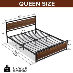 STELSIPLIY Metal Bed Frame Queen Size,Industrial Platform Bed Frame with Headboard and Footboard,Steel Slat Support,Mattress Foundation,No Box Spring Needed,Noise Free,Easy Assembly,Brown (Queen)