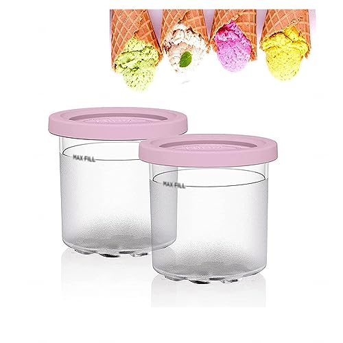 EVANEM 2/4/6PCS Creami Pints and Lids, for Ninja Kitchen Creami,16 OZ Ice Cream Containers Reusable,Leaf-Proof for NC301 NC300 NC299AM Series Ice Cream Maker,Pink-2PCS