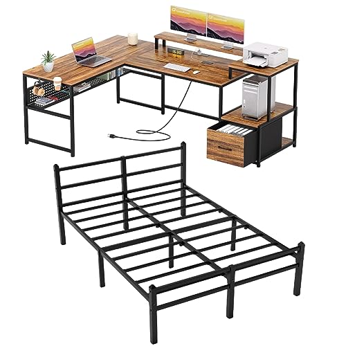 GreenForest Queen Size Bed Frame with Headboard Easy Assemble and 69 inch L Shaped Desk with Drawers and Monitor Stand and Printer Storage Shelves