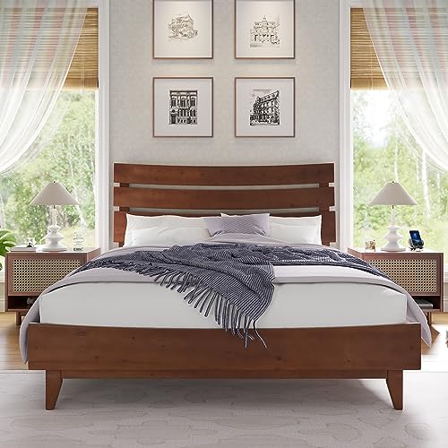 VanAcc Queen Size Solid Wood Bed Frame, Mid Century Platform Bed with Slatted Headboard, Wood Slat Support/No Box Spring Needed/Noise Free/Walnut