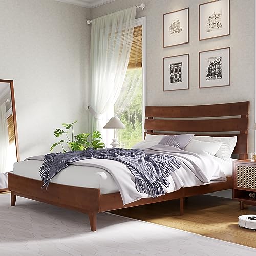 VanAcc Queen Size Solid Wood Bed Frame, Mid Century Platform Bed with Slatted Headboard, Wood Slat Support/No Box Spring Needed/Noise Free/Walnut