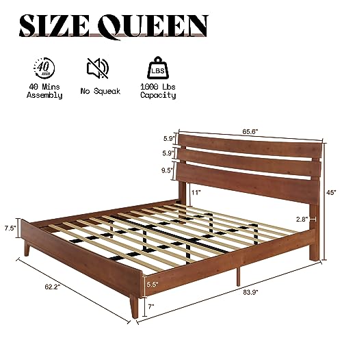 VanAcc Queen Size Solid Wood Bed Frame, Mid Century Platform Bed with Slatted Headboard, Wood Slat Support/No Box Spring Needed/Noise Free/Walnut