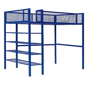 FIQHOME Twin Size Metal Loft Bed with 4-Tier Shelves,Heaty Metal Loft Bedframe with Safety Guardrail and Storage,Space Saving Loft Bed Twin for Kids Teens, Blue