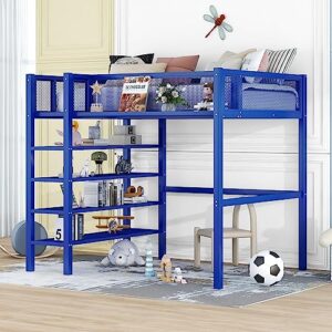 FIQHOME Twin Size Metal Loft Bed with 4-Tier Shelves,Heaty Metal Loft Bedframe with Safety Guardrail and Storage,Space Saving Loft Bed Twin for Kids Teens, Blue