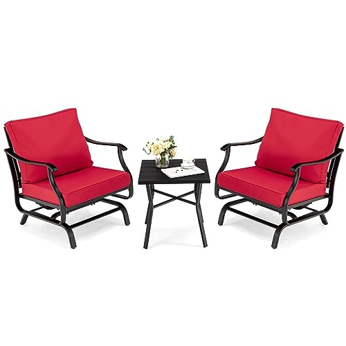 ZHYHSM-111 3PCS Patio Rocking Bistro Set Cushioned Chair Armrest Side Table Red