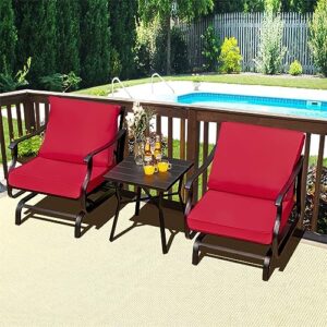 ZHYHSM-111 3PCS Patio Rocking Bistro Set Cushioned Chair Armrest Side Table Red