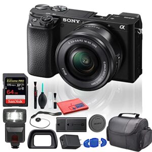 sony alpha a6100 mirrorless digital camera (ilce6100l/b) with 16-50mm lenses with flash, extra battery, tripod, 64gb memory card, bag, and more - advanced bundle (renewed)