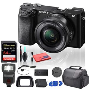 sony alpha a6100 mirrorless digital camera (ilce6100l/b) with 16-50mm lenses with flash, extra battery, 64gb memory card, padded bag, and more - extra battery bundle (renewed)