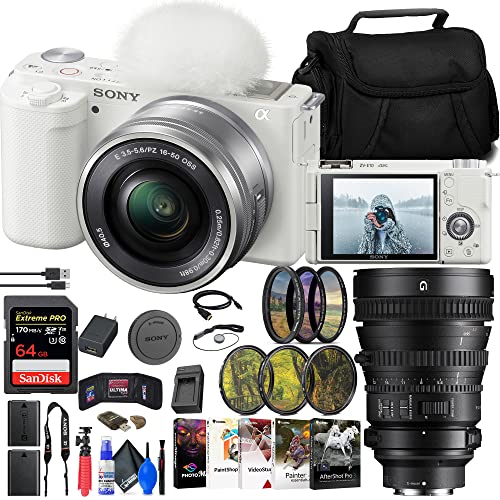 Sony ZV-E10 Mirrorless Camera with 16-50mm Lens (White) (ILCZV-E10L/W) + Sony FE PZ 28-135mm Lens (SELP28135G) + 64GB Card + Filter Kit + External Charger + NPF-W50 Battery + More (Renewed)