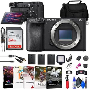 sony a6400 mirrorless camera (ilce-6400/b) + 64gb card + 2 x npf-w50 battery + card reader + led light + corel photo software + case + flexible tripod + hand strap + more (renewed)