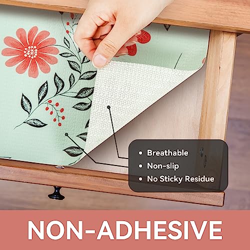 RAY STAR Shelf Liner, 12 Inch x 10 Feet Non Adhesive Golden Red Daisy Floral Cabinet Liner for Pantry Drawer Vanity, Strong Grip Non Slip Waterproof, Shelf Liners for Kitchen Cabinets