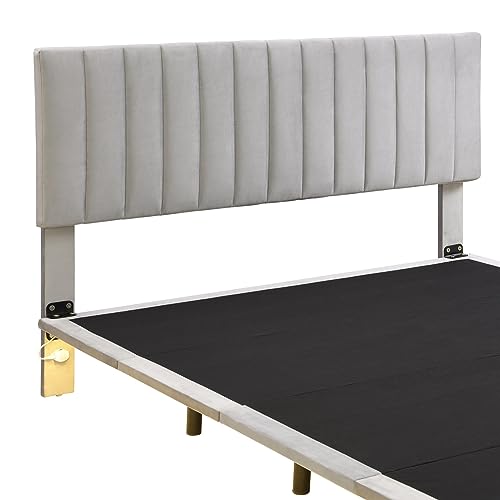 Mesnt Queen Bed Frame Platform, Queen Size Upholstered Bed with Sensor Light and Headboard, Floating Velvet Platform Bed, Gray