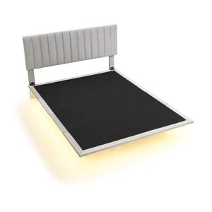 Mesnt Queen Bed Frame Platform, Queen Size Upholstered Bed with Sensor Light and Headboard, Floating Velvet Platform Bed, Gray