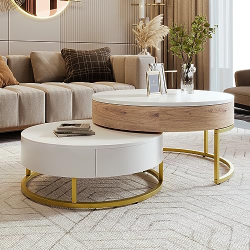 Merax Round Lift-Top Nesting Coffee Table Set of 2,with Storage 2 Drawers,Perfect for Living Room Small Space Apartment, White/Natural