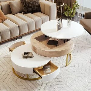 Merax Round Lift-Top Nesting Coffee Table Set of 2,with Storage 2 Drawers,Perfect for Living Room Small Space Apartment, White/Natural