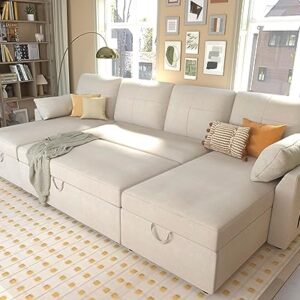 VanAcc Sleeper Sofa, 110 inch Overisze - 2 in 1 Pull Out Bed, Sectional Sleeper Sofa with Double Storage Chaise for Living Room, Beige Chenille Couch