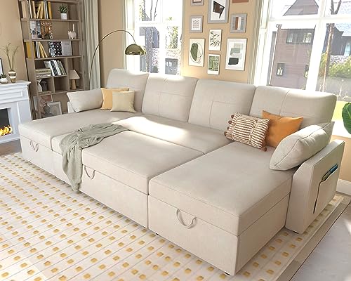 VanAcc Sleeper Sofa, 110 inch Overisze - 2 in 1 Pull Out Bed, Sectional Sleeper Sofa with Double Storage Chaise for Living Room, Beige Chenille Couch