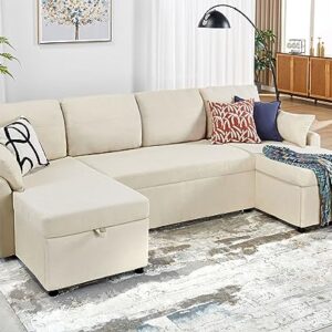 VanAcc Sleeper Sofa, 110 inch Overisze - 2 in 1 Pull Out Bed, Sectional Sleeper Sofa with Double Storage Chaise for Living Room, Beige Chenille Couch