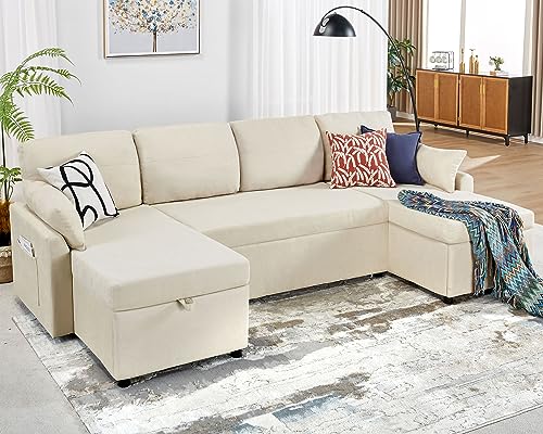 VanAcc Sleeper Sofa, 110 inch Overisze - 2 in 1 Pull Out Bed, Sectional Sleeper Sofa with Double Storage Chaise for Living Room, Beige Chenille Couch