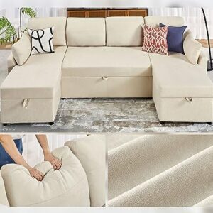 VanAcc Sleeper Sofa, 110 inch Overisze - 2 in 1 Pull Out Bed, Sectional Sleeper Sofa with Double Storage Chaise for Living Room, Beige Chenille Couch