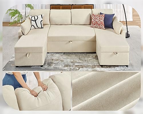 VanAcc Sleeper Sofa, 110 inch Overisze - 2 in 1 Pull Out Bed, Sectional Sleeper Sofa with Double Storage Chaise for Living Room, Beige Chenille Couch