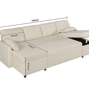 VanAcc Sleeper Sofa, 110 inch Overisze - 2 in 1 Pull Out Bed, Sectional Sleeper Sofa with Double Storage Chaise for Living Room, Beige Chenille Couch