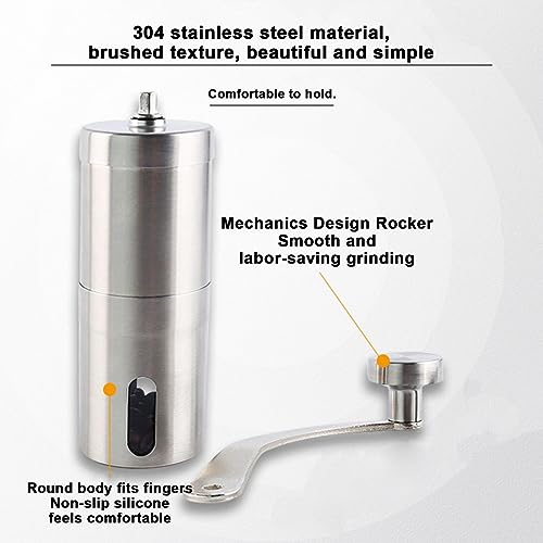 Manual Coffee Grinder, Stainless Steel Hand Coffee Mill Grinder, Portable Hand Coffee Bean Mill with Ceramic Grinding Burr & Hand Crank, Adjustable Espresso Coffee Grinder for Camping or Travel