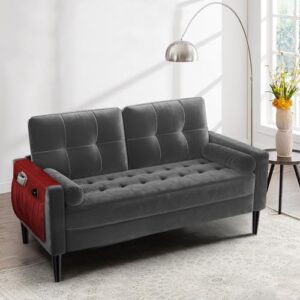 furnimat 58 inch loveseat sofa, 2 seater sofa for small space, button tufted velvet grey couch with 2 pillows, mid century modern couch, small couches for living room, bedroom, apartment