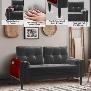 FURNIMAT 58 Inch Loveseat Sofa, 2 Seater Sofa for Small Space, Button Tufted Velvet Grey Couch with 2 Pillows, Mid Century Modern Couch, Small Couches for Living Room, Bedroom, Apartment