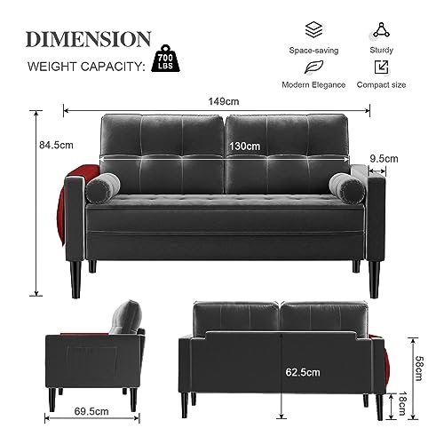 FURNIMAT 58 Inch Loveseat Sofa, 2 Seater Sofa for Small Space, Button Tufted Velvet Grey Couch with 2 Pillows, Mid Century Modern Couch, Small Couches for Living Room, Bedroom, Apartment