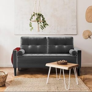 FURNIMAT 58 Inch Loveseat Sofa, 2 Seater Sofa for Small Space, Button Tufted Velvet Grey Couch with 2 Pillows, Mid Century Modern Couch, Small Couches for Living Room, Bedroom, Apartment