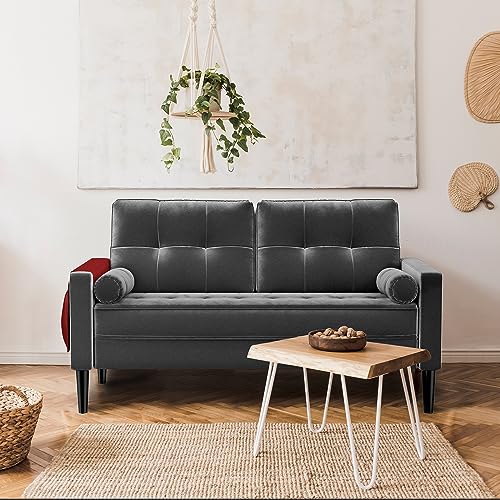 FURNIMAT 58 Inch Loveseat Sofa, 2 Seater Sofa for Small Space, Button Tufted Velvet Grey Couch with 2 Pillows, Mid Century Modern Couch, Small Couches for Living Room, Bedroom, Apartment