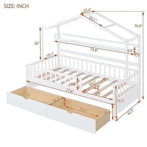 BEDGJH Twin Size House Bed with 2 Storage Drawers, House Bed Frames for Boys and Girls, Wooden Kids Bed Frame with Storage Shelves, Multifunctional Design, Easy Assemble (White, Twin)