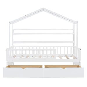 BEDGJH Twin Size House Bed with 2 Storage Drawers, House Bed Frames for Boys and Girls, Wooden Kids Bed Frame with Storage Shelves, Multifunctional Design, Easy Assemble (White, Twin)