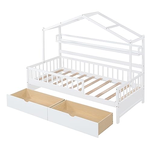 BEDGJH Twin Size House Bed with 2 Storage Drawers, House Bed Frames for Boys and Girls, Wooden Kids Bed Frame with Storage Shelves, Multifunctional Design, Easy Assemble (White, Twin)