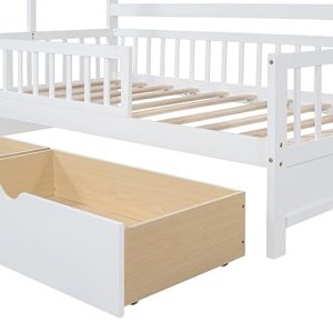 BEDGJH Twin Size House Bed with 2 Storage Drawers, House Bed Frames for Boys and Girls, Wooden Kids Bed Frame with Storage Shelves, Multifunctional Design, Easy Assemble (White, Twin)