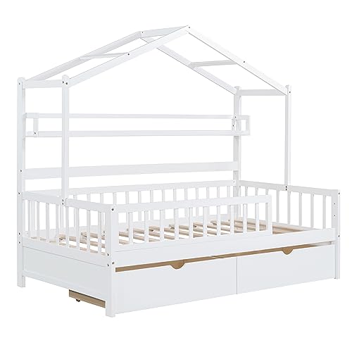 BEDGJH Twin Size House Bed with 2 Storage Drawers, House Bed Frames for Boys and Girls, Wooden Kids Bed Frame with Storage Shelves, Multifunctional Design, Easy Assemble (White, Twin)