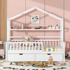 BEDGJH Twin Size House Bed with 2 Storage Drawers, House Bed Frames for Boys and Girls, Wooden Kids Bed Frame with Storage Shelves, Multifunctional Design, Easy Assemble (White, Twin)