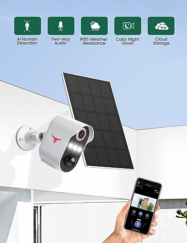 Aiwit 1080p Wireless Security Camera, Indoor/Outdoor Surveillance Bullet Cam with Solar Panels, Live View, AI Human Detection, Night Vision, 2-Way Audio, IP65 Waterproof, Cloud Storage