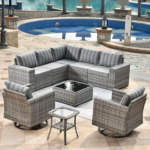 XIZZI Patio Furniture Sets Outdoor Sectional Sofa Swivel Rocking Chairs 9 PCS All Weather PE Wicker Conversation Couch with Coffee and Side Table for Backyard Deck Garden,Dark Grey Stripes