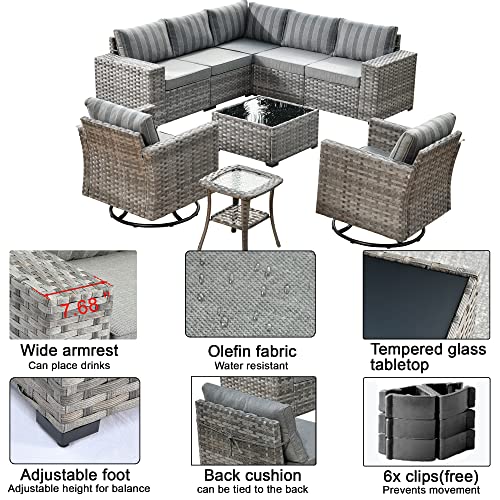 XIZZI Patio Furniture Sets Outdoor Sectional Sofa Swivel Rocking Chairs 9 PCS All Weather PE Wicker Conversation Couch with Coffee and Side Table for Backyard Deck Garden,Dark Grey Stripes